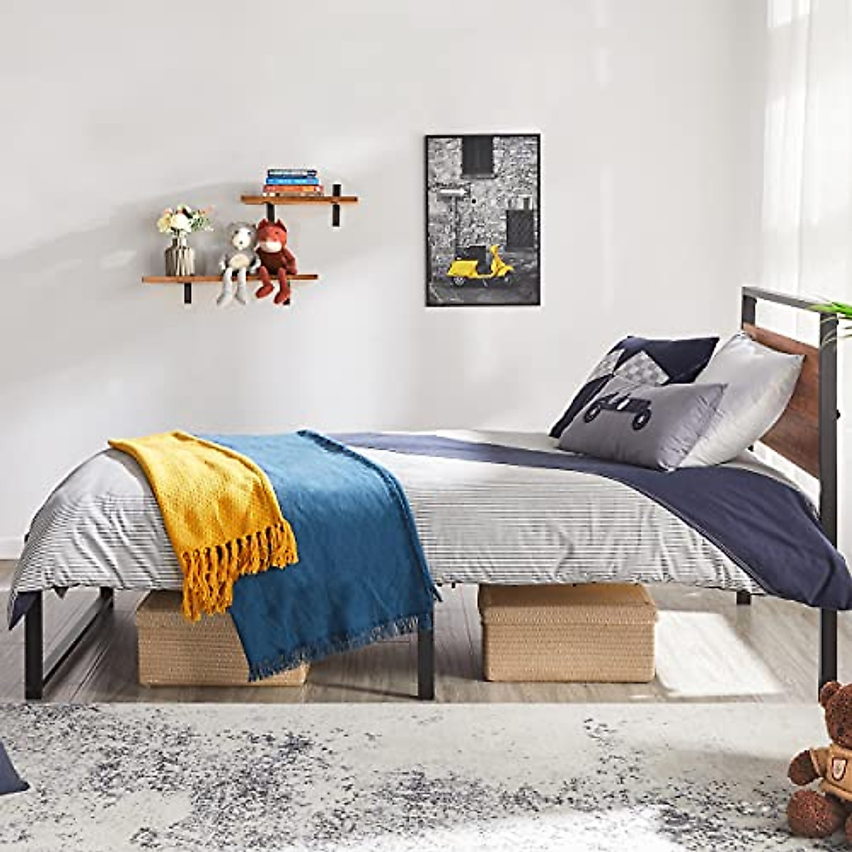 Yaheetech Twin Metal Platform Bed Frame with Rustic Wooden Headboard and Footboard, Single Country Bed for Boys& Girls, No Box Spring Needed/12 Inch Underbed Storage/No Noise/Easy Assembly, Mahogany