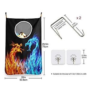 Red Blue Fire Dragon Hanging Laundry Hamper Bag Animal Monster Dirty Clothes Bag,Over The Door Cloth Basket with Hooks, for Bathroom, Bedroom, Storage, Space Saving, Wall, College, Closet