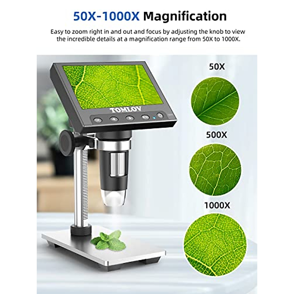 TOMLOV DM4 Coin Microscope 1000X with 4.3" Screen, 720P LCD Microscope with Metal Stand, 8 Adjustable LED Lights, PC View for Kids Adults, Windows Compatible, 32GB TF Card Included