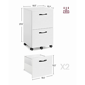VASAGLE 2-Drawer File Cabinet, Filing Cabinet for Home Office, Small Rolling File Cabinet, Printer Stand, for A4, Letter-Size Files, Hanging File Folders, Modern Style, White UOFC040W46