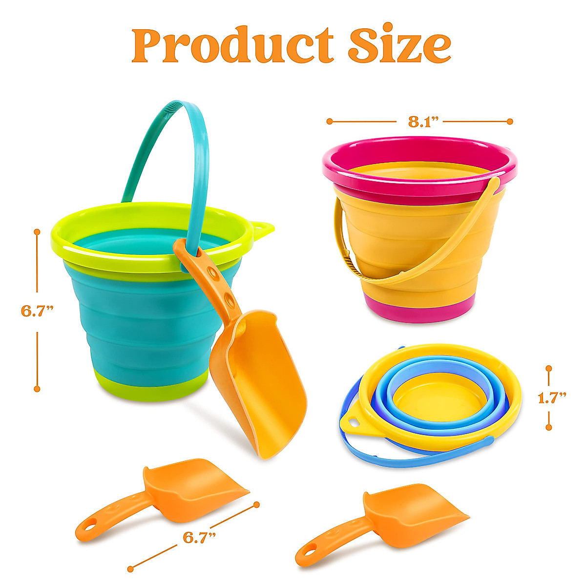 JOYIN 3 Packs Foldable Pail Bucket with Shovels & Mesh Bag, Collapsible Buckets Multi Purpose for Beach, Camping Gear, Beach Party, Fishing, and Fun Summer Activities (Yellow/Blue/Green)