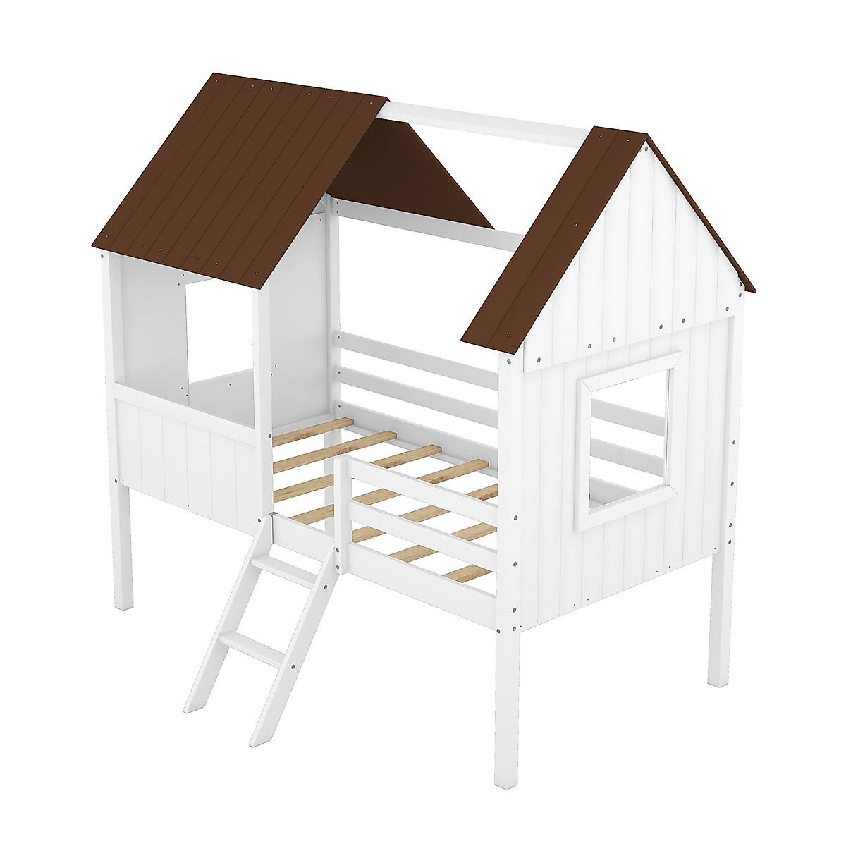 House Bed for Kids,Low Loft Bed Frames Twin Size,Wood Toddler House Bed with Two Side Windows and Roof for Kids/Teens/Girls/Boys,White
