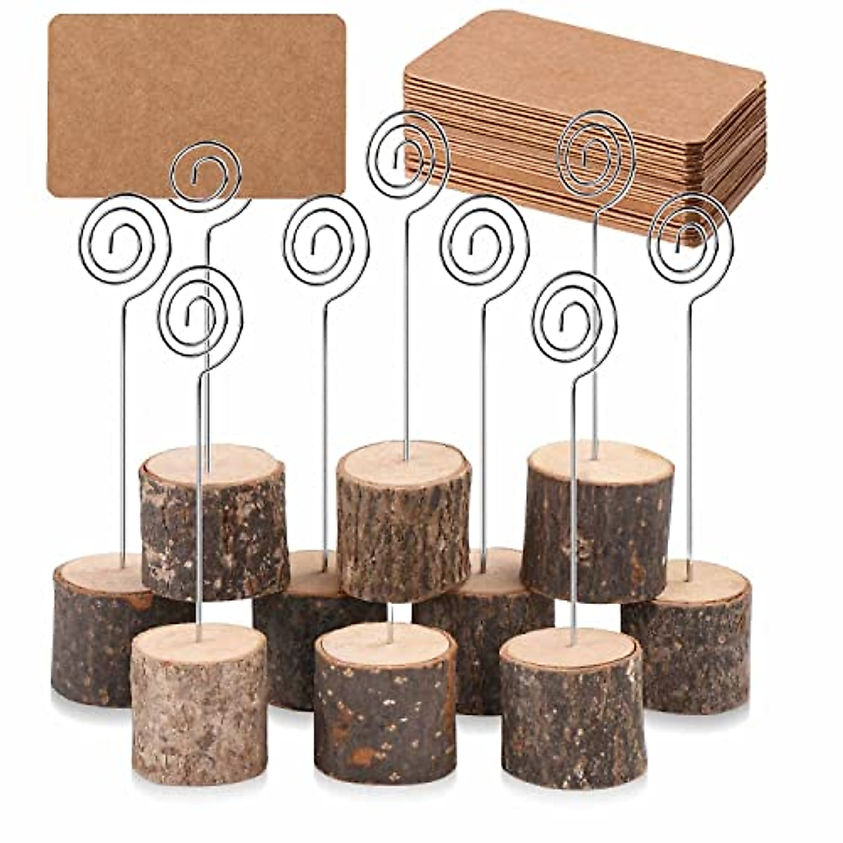 Toncoo 10Pcs Premium Wood Place Card Holders with Swirl Wire and 20 Pcs Kraft Place Cards, Rustic Wood Table Number Holders Stands, Name Cards Photo Holders for Wedding Party Sign Food Cards Label
