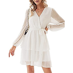 GRACE KARIN Women's Chiffon Wrap V Neck Fringe Sleeve Swiss Dot Dress Elastic High Waist Wedding Guest Dress with Belt White L
