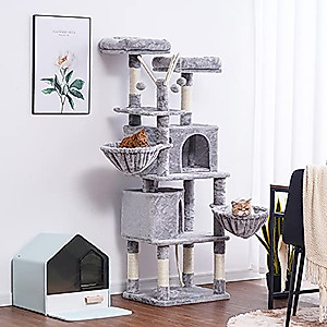 Hey-brother Cat Tree,Cat Tower,Cat Condo with Scratching Posts,Basket,2 Caves,2 Plush Perches,Activity Center with Removable Fur Ball Sticks,Light Grey MPJ027W