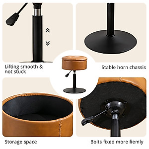 LUE BONA 360°Swivel Vanity Stool Chair for Makeup Room, Height Adjustable Stool for Vanity with Storage, Small Whiskey Brown Faux Leather for Bathroom, Living Room