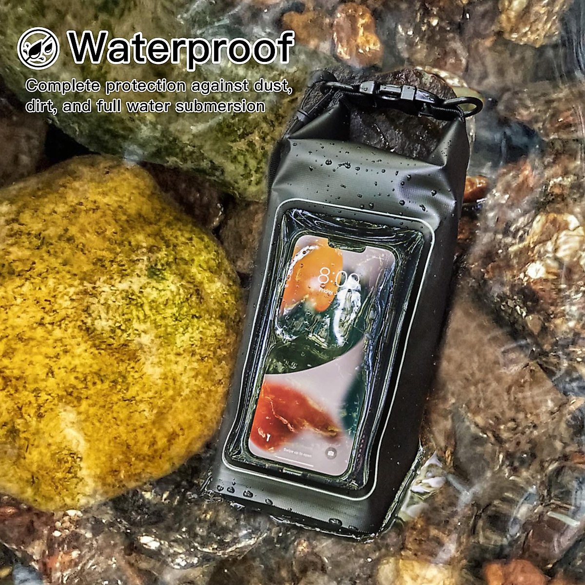 HUGSEE 2L Waterproof Dry Bag Backpack with Integrated Clear Phone Pouch for Outdoor Activities, Black