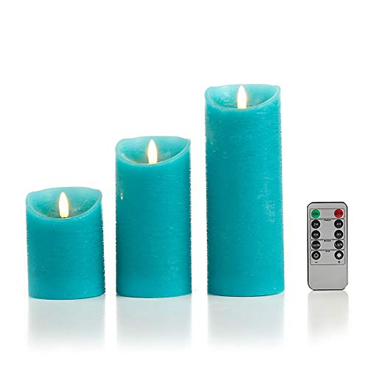 glowiu Teal Candle Pillar Realistic Wick Battery Operated Candles Set of 3 Single Slim Sphere Turquoise Candles Electric Home Decor with 10-Key Remote Multi-Function (3, H 4"6"8" x D3")