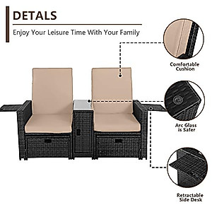 VUYUYU 5PCS Patio Wicker Furniture Set - Outdoor PE Rattan Loveseat Sofa with Adjustable Backrest, Coffee Table, Ottoman - Patio Lounge Chair for Garden, Beach, Poolside, Balcony, Backyard, Deck