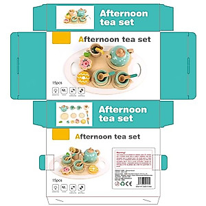 GAGAKU Wooden Tea Set for Little Girls,Wooden Toys Toddler Tea Set Play Kitchen Accessories for Kids Pretend Play Food Playset for Kids Tea Party 15Pcs