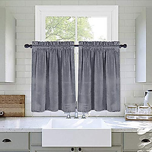 Haperlare Grey Kitchen Window Curtains, Heavy-Duty Privacy Enhancing Heat Blocking Velvet Bathroom Window Curtain Luxury Half Window Kitchen Cafe Curtains, 26" W x 24" L, Set of 2