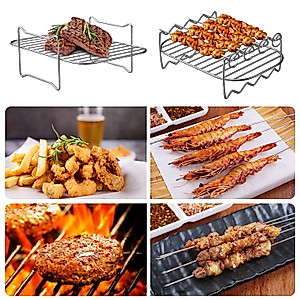 MFTEK Air Fryer Rack Set Of 2 for Dual Basket, Air Fryer Accessories Dehydrator Rack, Multi-purpose Double Layer Rack with Skewer, Compatible with Double Basket Air Fryers Ninja Foodi DZ201/401