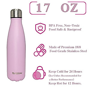 SASEUM Kids Insulated Metal Water Bottles 17oz Stainless Steel Double Wall Vacuum Thermal Flask with Lid Keep Cold for 24 Hours and Hot for 12 Hours Water Jug for School,Sports-Pink