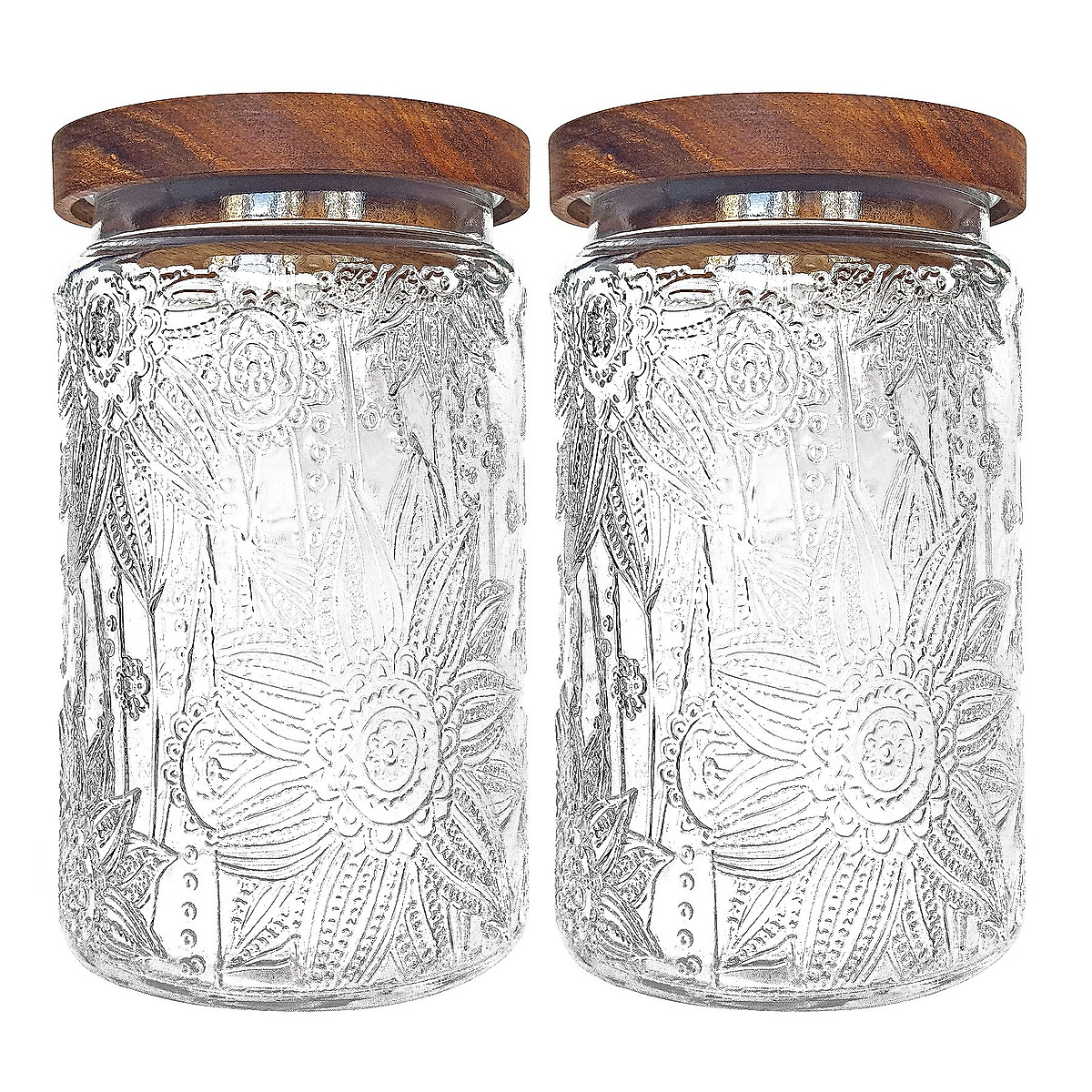 LODIKE 35oz/1000ml Glass Storage Jars with Nature Wood Lids, Airtight Food Storage Containers for Kitchen Organization, Large Capacity for Cookie, Pasta, Sugar, Flour, Cereal - Set of 2 （sunflower）
