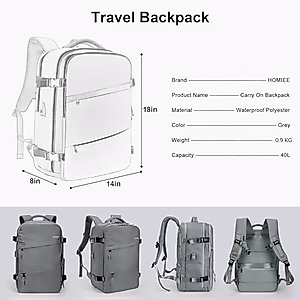 HOMIEE Carry On Bag, Travel Backpack Flight Approved Personal Item Size, Waterproof Luggage Daypack Lightweight Weekender Bag Business Backpack Fits 15.6 Inch Laptop, Grey