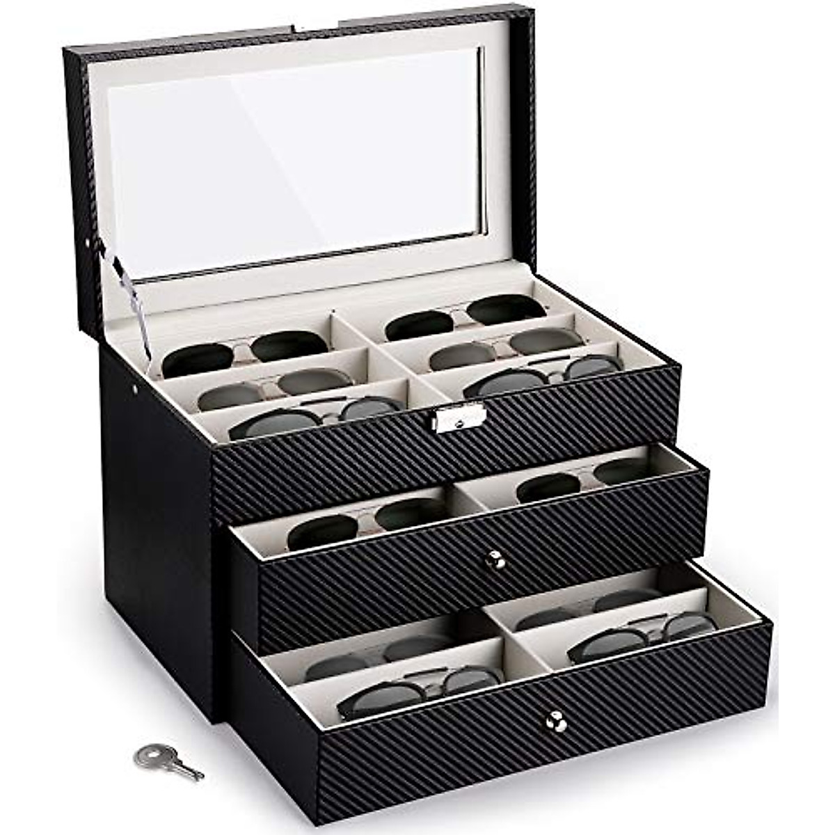 Nicunom 18 Slots Sunglasses Organizer Collector Eyeglasses Sunglass Glasses Storage Box Eyeglasses Eyewear Display Case with Drawer, Lockable, Black