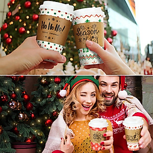 Suttmin 300 Pcs Christmas Disposable Coffee Cups with Lids and Sleeves 12 Oz Christmas Paper Cups Christmas Drinking Cups Hot Cocoa Chocolate Cups Party for Xmas Holiday Daily Holiday (Classic Style)