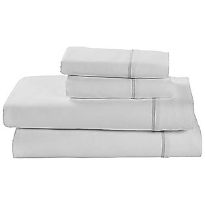 Amazon Brand – Rivet Contrast Hem Breathable Cotton Linen Bed Sheet Set, Queen, White / Vapor