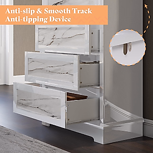 AMERLIFE Luxury 49.2" H High-Gloss 5 Drawer Dresser, Natural Marble Chest of Drawers No Handles for Bedroom, Living Room, Modern, White