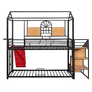 BOVZA House Bunk Bed with Slide and Stairs, Twin Over Twin Metal Bunk Beds Frame with Roof and Storage Staircase for Kids Boys Girls Teens, Black+Red