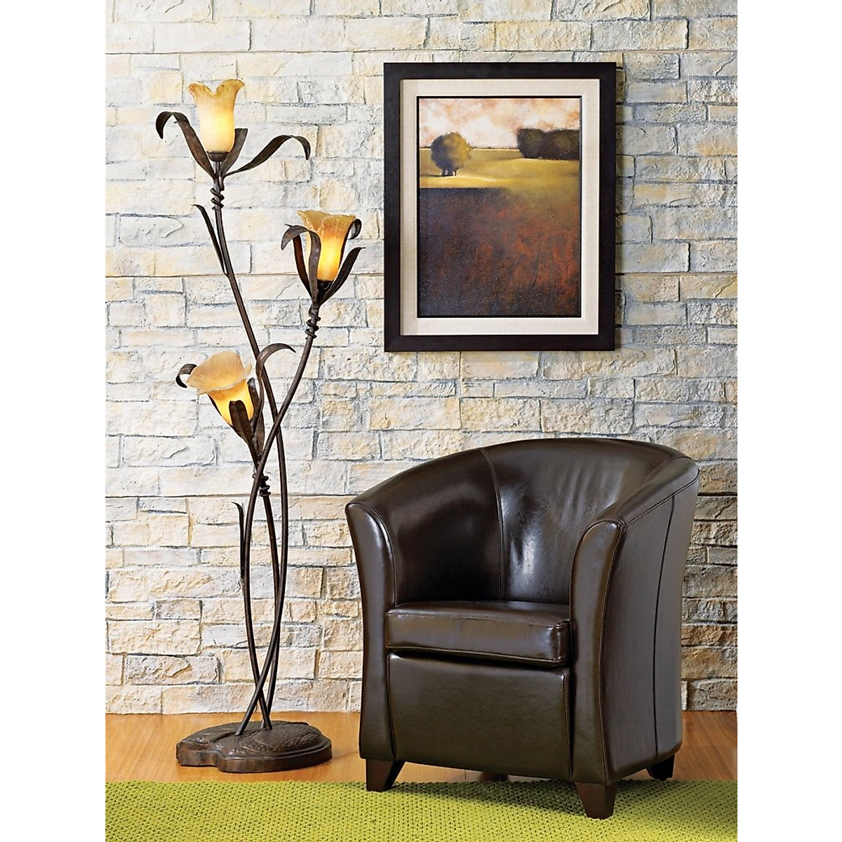 Franklin Iron Works Rustic Farmhouse Sculptural Floor Lamp Standing 68 1/4" Tall Bronze Gold 3-Light Amber Glass Intertwined Lily Flower Shade for Living Room Reading Bedroom Office House Home