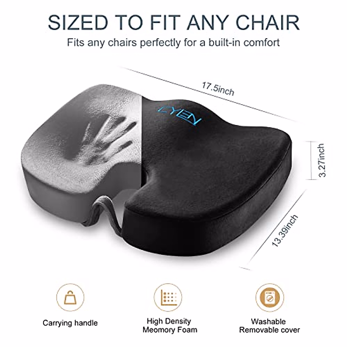 CYLEN Home-Memory Foam Bamboo Charcoal Infused Ventilated Orthopedic Seat Cushion for Car and Wheel Chair - Washable & Breathable Cover (Black)