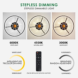 Mpayel Flush Mount Ceiling Fans with Lights and Remote Control，Modern Enclosed Bladeless,15'' Low Profile Ceiling Fan with Stepless Dimming Lighting Fixture for Bedroom Kitchen（Black）……