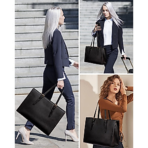 LOVEVOOK Laptop Tote Bag for Women, Large Briefcase for 15.6 Inch Computer Waterproof PU Leather Shoulder Bag with USB Charging Port, Business Office Work Shoulder Handbag Purse 2Pcs Set, Black