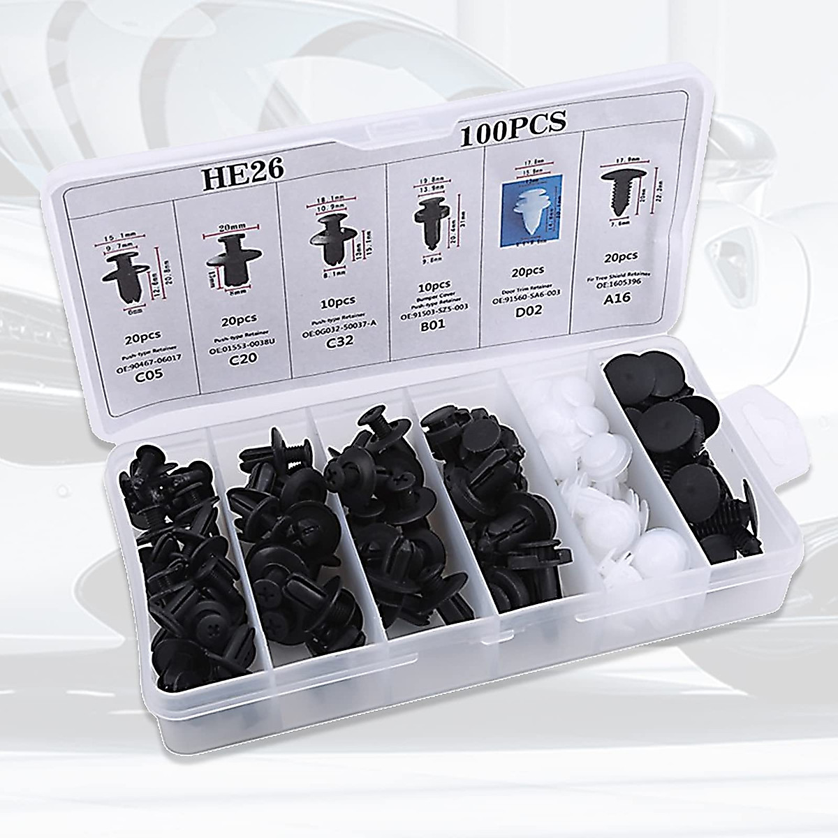 Dewkou 100 PCS Car Bumper Retainer Clips, 6.3mm 8mm 9mm 10mm Nylon Fasteners Rivet Replacement Kit, Push-in Screw Bumper Push Rivet Clip with Removal Tool, Suitable for Most Models (Black)