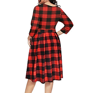 Plaid Dresses Women Plus Size Christmas Buffalo Black Red Holiday Xmas Party Fit Flare Pockets Long Sleeve Midi Dress