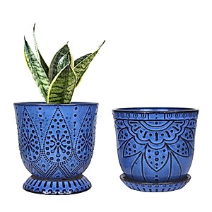 Gepege 6 Inch Beaded Ceramic Planter Set of 2 with Drainage Hole and Saucer for Plants, Indoor-Outdoor Large Round Succulent Orchid Flower Pot (Blue, for Inner-pots not Larger Than 5 Inch)
