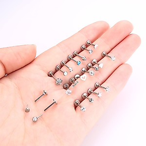 Subiceto 18G 20Pcs Threadless Push in Nose Stud Rings Lip Rings for Women Men Flat Back Earrings Cz Ball Heart Stainless Steel Silver 18G 8mm