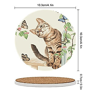 Cat Butterfly Coasters for Drinks, Set of 4, 4 Inch Absorbent Diatomite Ceramics Coasters with Cork Base, Tabletop Protection, Suitable for Dining Tables, Desks, Restaurants, Cafes