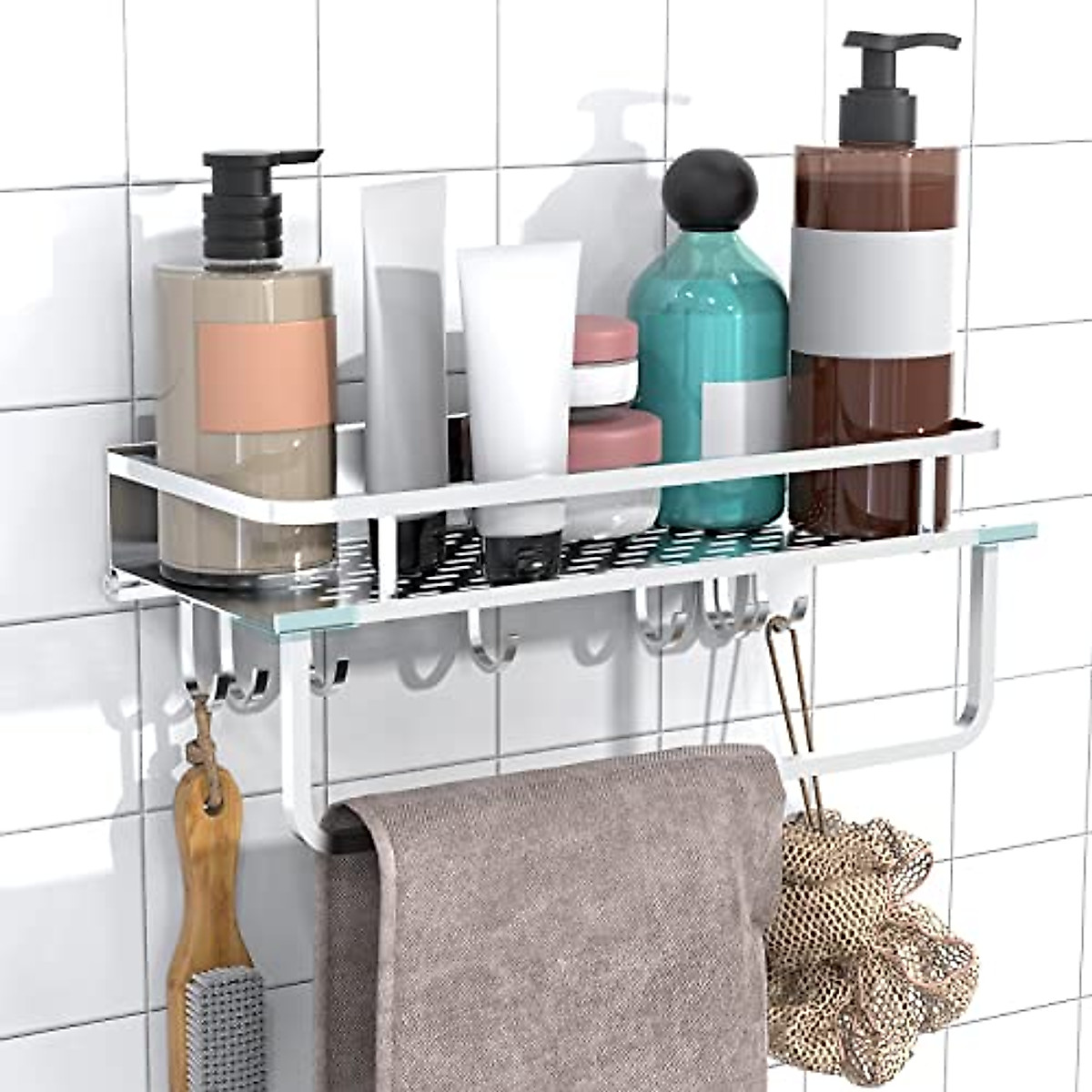 Shower Caddy Bathroom Shower Organizer No Drilling Install with 8 Hooks and Towel Rail Shower Shelf for Inside Shower,Detachable Wall Mounted Shower Shelves for Dorm Bathroom Toilet Kitchen Storage