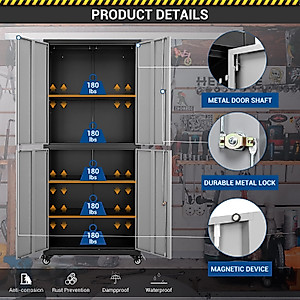 Fesbos Metal Storage Cabinet-Heavy Duty Tool Cabinet Multifunctional Garage Storage Cabinet with Adjustable Shelves&Lockable Doors, Pegboard and Accessories-Black&Gray