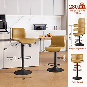 HeuGah Swivel Bar Stools Set of 4, Counter Height with Back, Adjustable Height 24" to 32", Faux Leather for Kitchen Island (Whiskey Brown, Set of 4 (24'' to 32''))