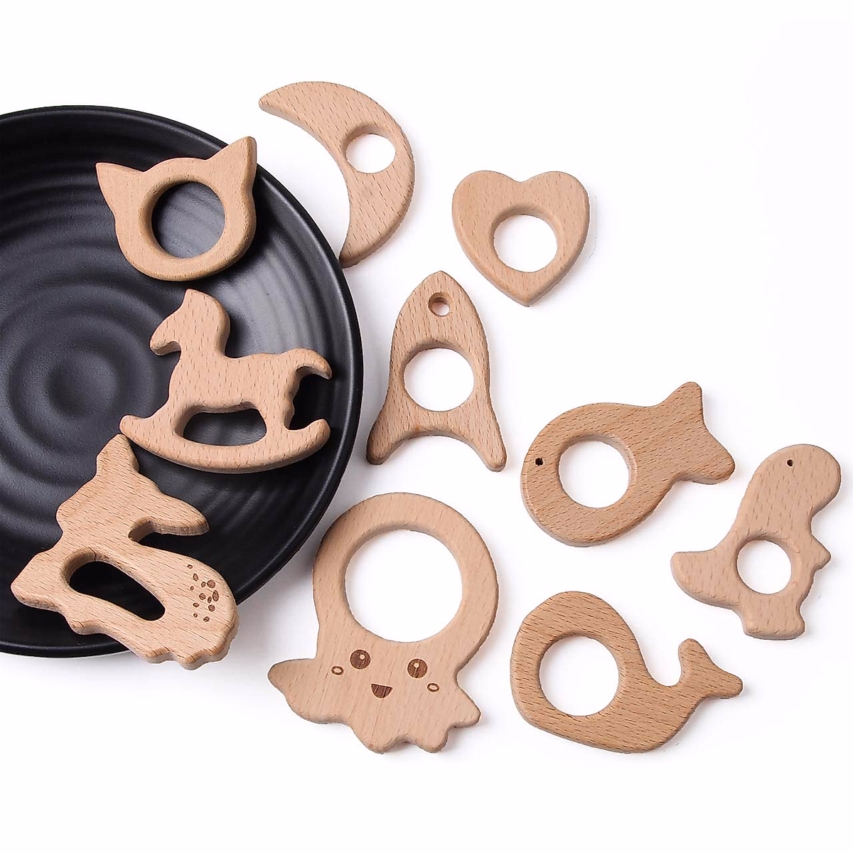 Baby Organic Wood Teether Set DIY Rattle Ring for Infant Gum Relief Grasping Toy Jewelry Holder, Rocket Heart Moon Jellyfish Hobbyhorse Bear Dinosaur Fish Deer Whale