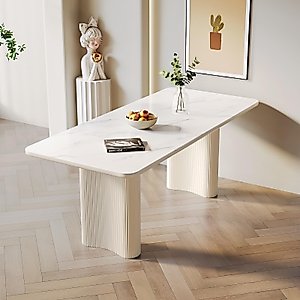 Miuuod 71" L Dining Table for 4-8 People,Kitchen & Dining Room Sofa Tables with Slate Tabletop Long Coffee Table for Living Room Space Saving Console Tablefor Dining Room Cream