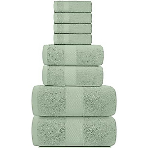 White Classic Luxury Green Bath Towel Set - Combed Cotton Hotel Quality Absorbent 8 Piece Towels | 2 Bath Towels | 2 Hand Towels | 4 Washcloths [Worth $72.95] 8 Pack | Green