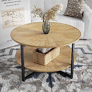 3imothrix Round Wood Coffee Table, Coffee Table with Storage Open Shelf, 31.49 inch 2 Tier Solid Wood Veneer Circle Coffee Table for Living Room (Coffee Table)