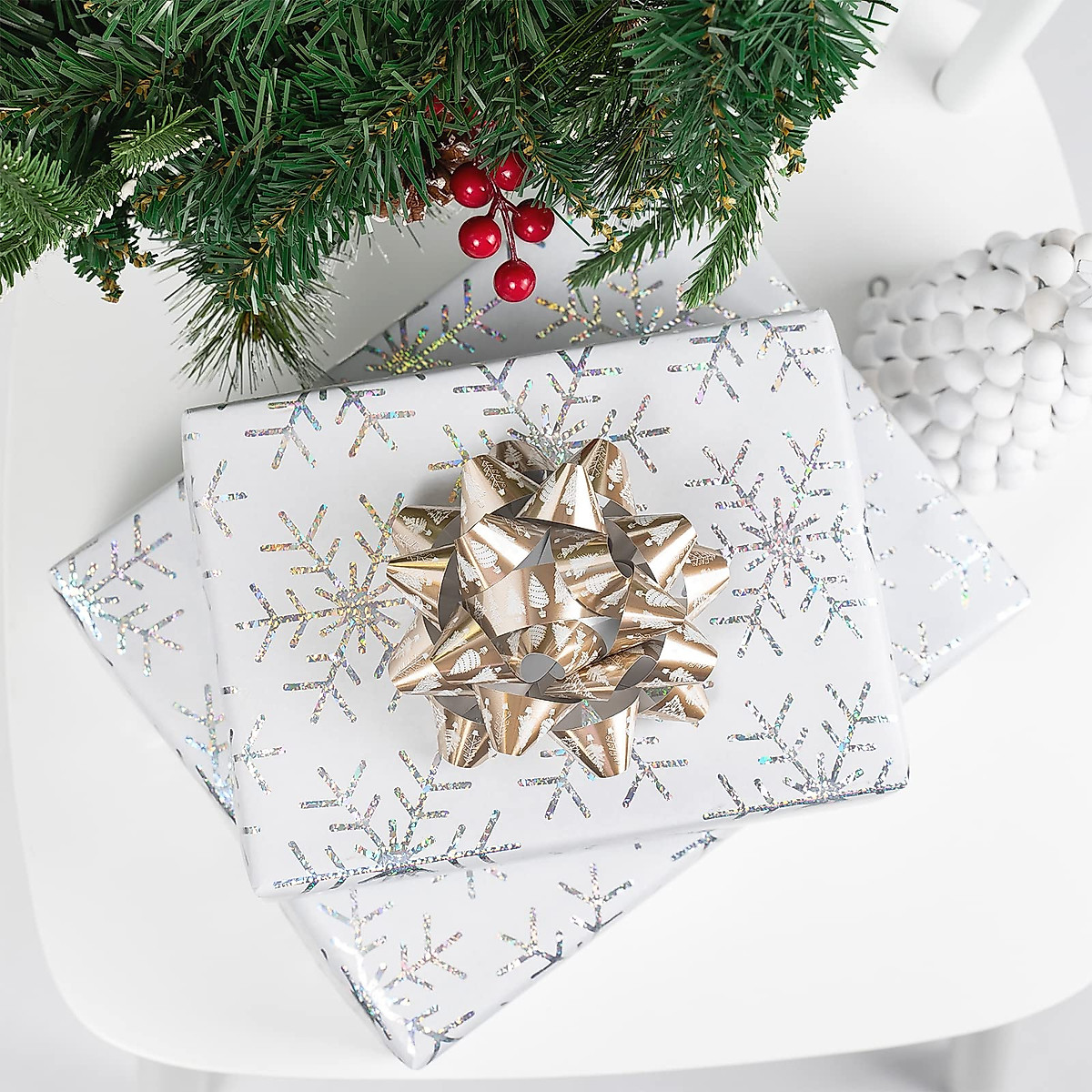 RUSPEPA Christmas Wrapping Paper, Jumbo Roll Wrapping Paper - White Shiney Snowflake Design for Holiday Gift Wrap - 24 Inches x 100 Feet