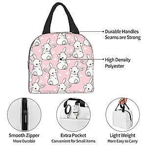 Ucsaxue Cute Bunny And Heart On Pink Lunch Box Reusable Lunch Bag Work Bento Cooler Reusable Tote Picnic Boxes Insulated Container Shopping Bags For Adult Women Men