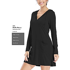 Willit Women's Long Sleeve Cotton Swim Cover Up UPF 50+ SPF Dress Hooded with Pockets Sun Protection Beach Coverup Black L
