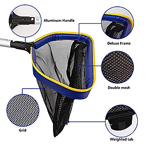 Poolvio Pool Deep Skimmer Net with 3ft - 10ft 1.0mm Thick Adjustable Telescopic Pole & Fine Mesh Bag Leaf Skimmer Rake Net for Above Ground & Inground Swimming Pools, Removes All Debris