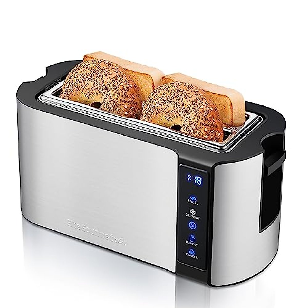 Elite Gourmet ECT5322 Long Slot 4 Slice Toaster, Countdown Timer, Bagel Function, 6 Toast Setting, Defrost, Cancel Function, Built-in Warming Rack, Extra Wide Slots for Bagels Waffles, Stainless Steel