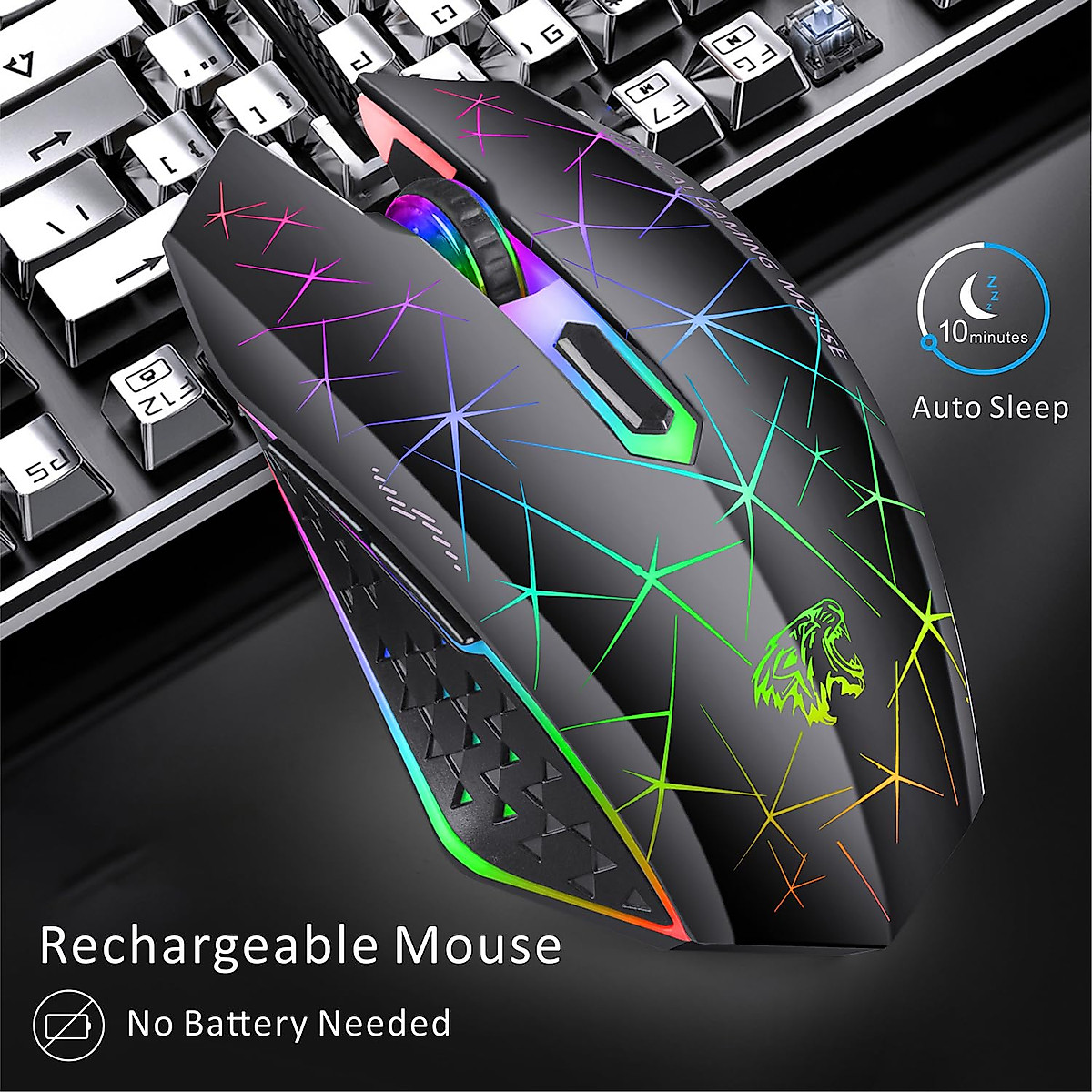 TENMOS V7 Wireless Gaming Mouse, Rechargeable LED Wireless Mouse Silent Optical Rainbow USB Computer Mice for Laptop PC (Black)