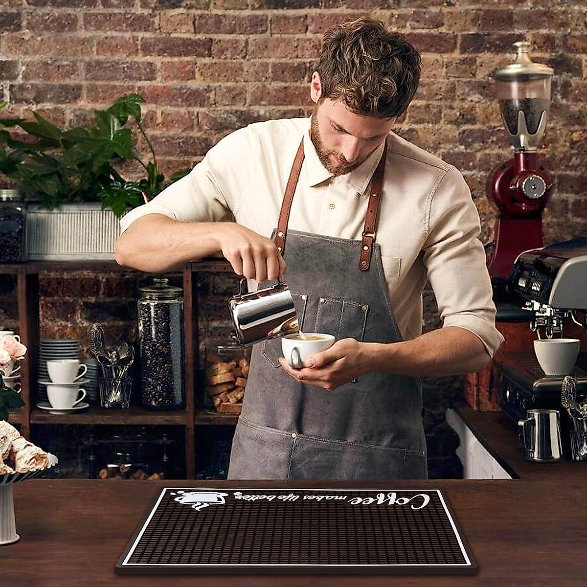 DOZARMOTA Coffee Bar Mat for Spill-proof, Dish Drying Mat, Coffee Bar Accessories for Coffee Station, Self Serve Coffee Maker Decor Mat, Bars Rubber Backed Non-slip Pot Mat 18x12 Inch