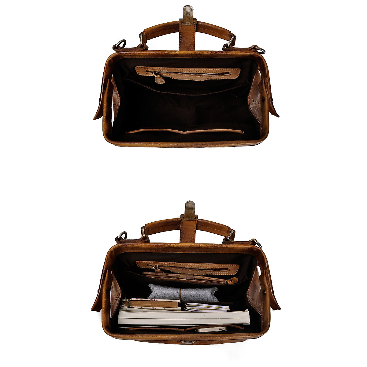 ZLYC Women Retro Vintage Genuine Leather Doctor Top Handle Cross Body Bag, Brown