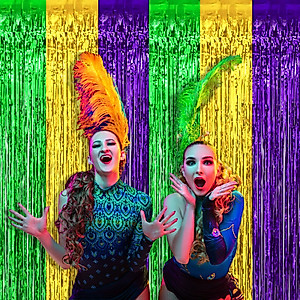8 Pack Mardi Gras Tinsel Foil Fringe Curtain Backdrop, 3.28Ft x 8.2Ft Gold Green Purple Metallic Streamers for Photo Booth Birthday Wedding Bridal Shower Bachelorette Party Valentine's Day Decoration