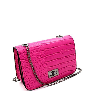 Trendeology Glossy Crocodile Print Vegan Leather Twist Lock Small Boxy Crossbody Clutch Bag